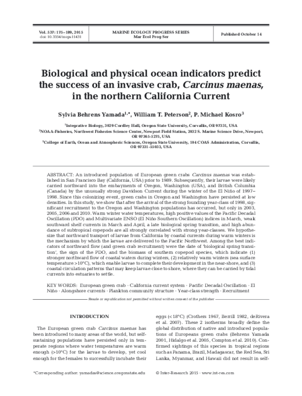 (PDF) Biological and physical ocean indicators predict the success of an invasive crab, Carcinus ...