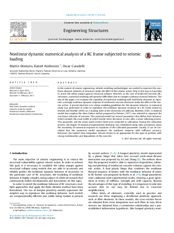 (PDF) Nonlinear dynamic numerical analysis of a RC frame subjected to seismic loading