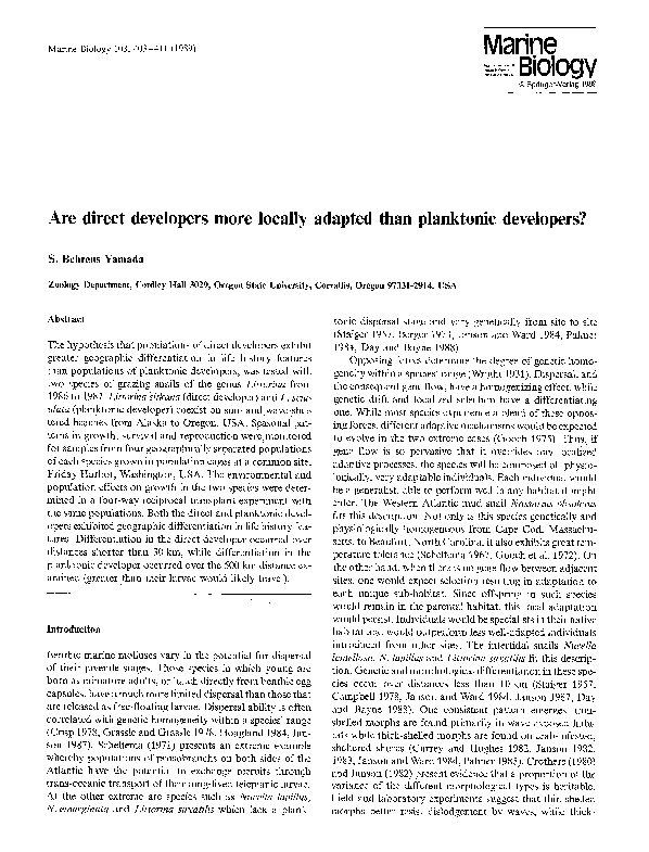 (PDF) Are direct developers more locally adapted than planktonic ...