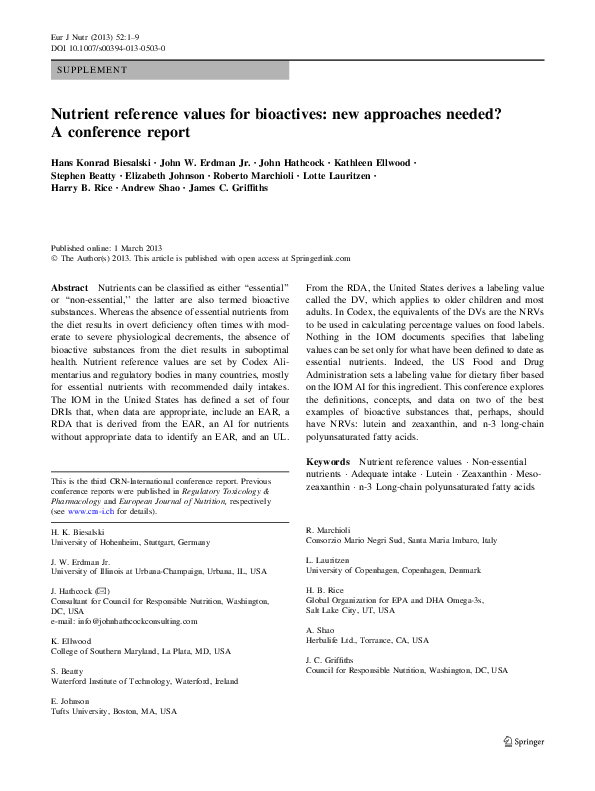 Pdf Nutrient Reference Values For Bioactives New Approaches Needed 1146