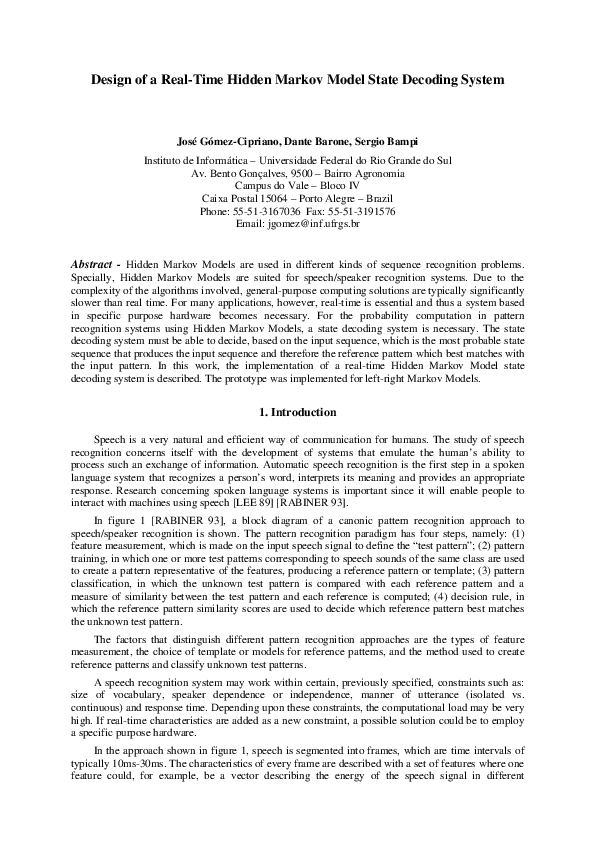 Pdf Design Of A Real Time Hidden Markov Model State Decoding System