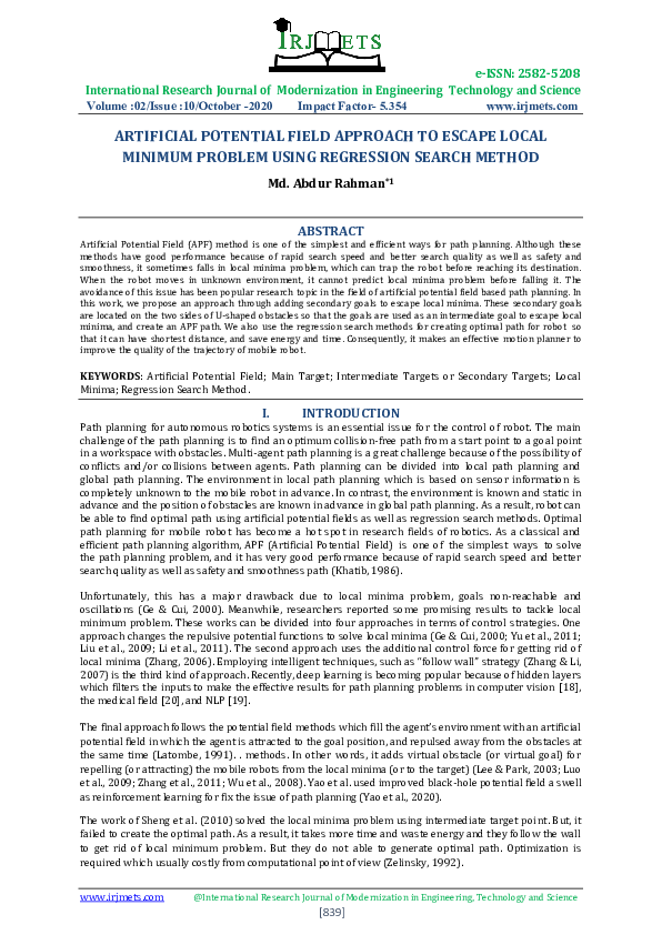 (PDF) ARTIFICIAL POTENTIAL FIELD APPROACH TO ESCAPE LOCAL MINIMUM ...