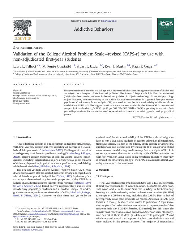 (PDF) Validation of the College Alcohol Problem Scale—revised (CAPS-r ...