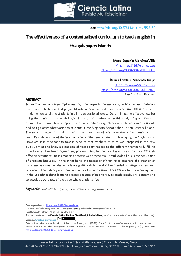 (PDF) The effectiveness of a contextualized curriculum to teach english in the galapagos islands