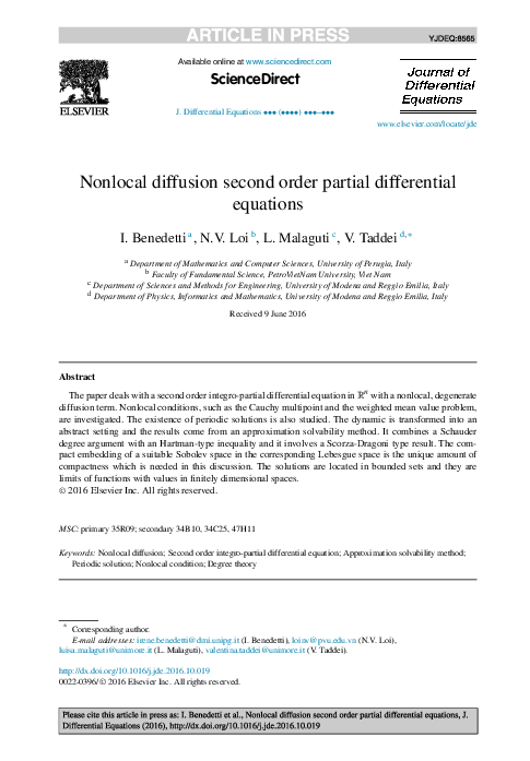 (PDF) Nonlocal diffusion second order partial differential equations