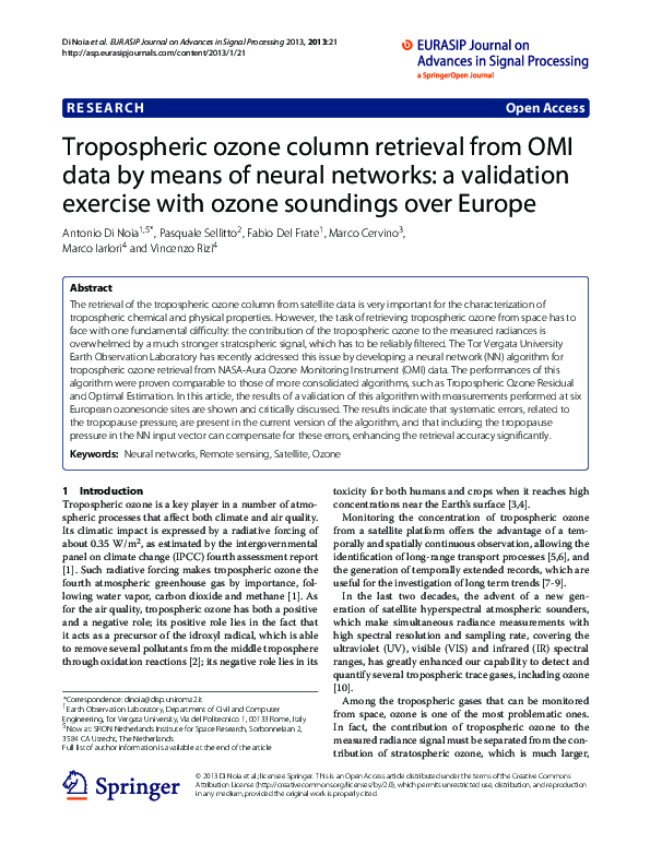 Pdf Tropospheric Ozone Column Retrieval From Omi Data By Means Of Neural Networks A