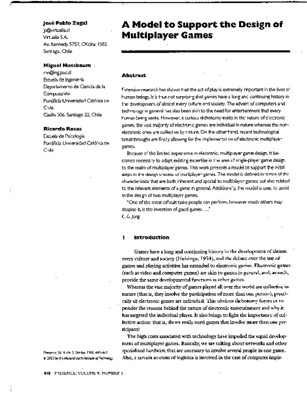 (PDF) A Model to Support the Design of Multiplayer Games