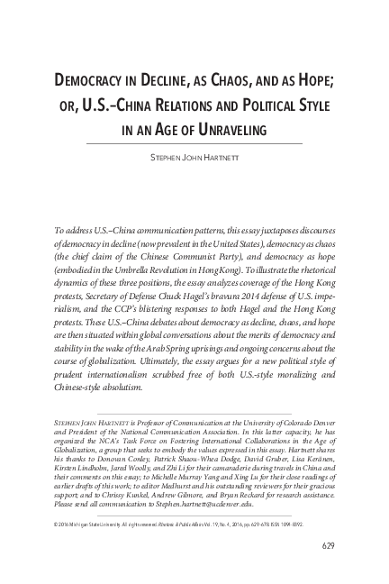 (PDF) DEMOCRACY IN DECLINE, AS CHAOS, AND AS HOPE; OR, U.S.-CHINA ...