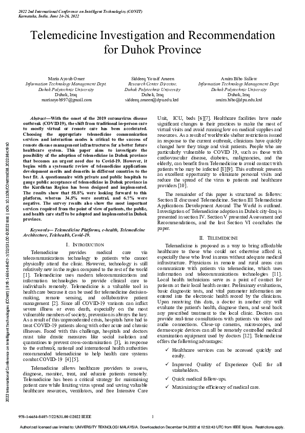 (PDF) Telemedicine Investigation and Recommendation for Duhok Province