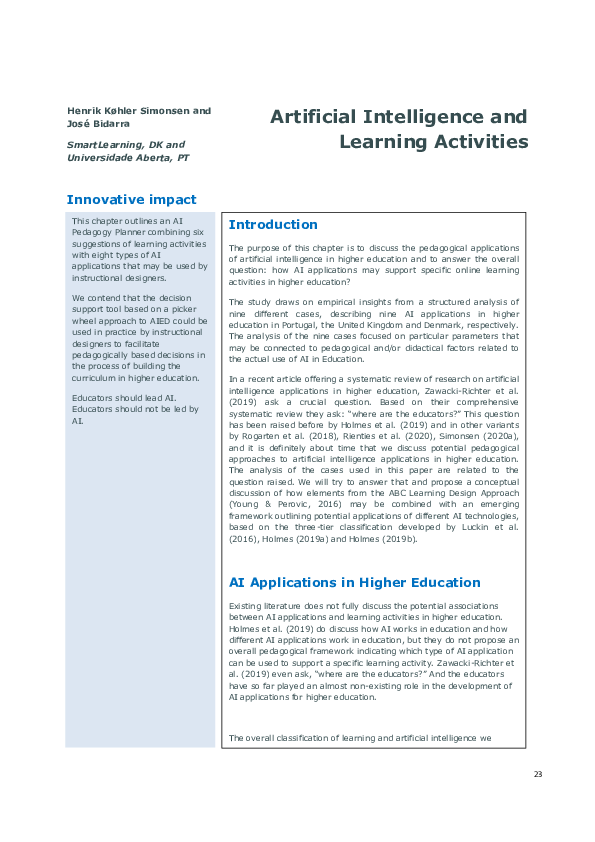 (PDF) Artificial intelligence and learning activities