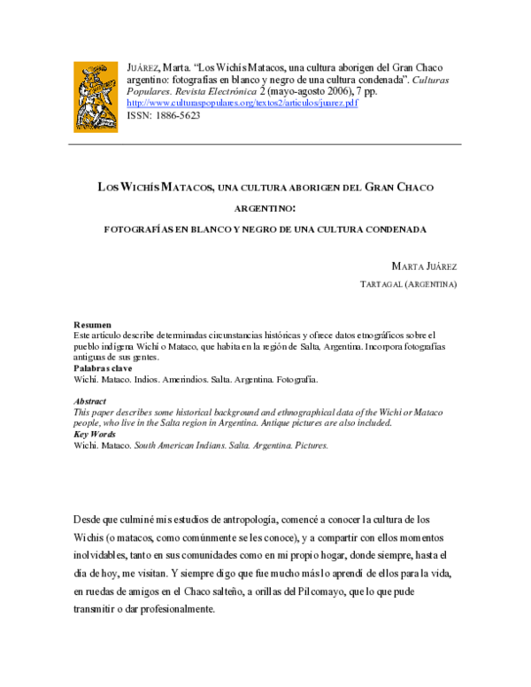 (PDF) Los Wichís Matacos, una cultura aborigen del Gran Chaco argentino ...