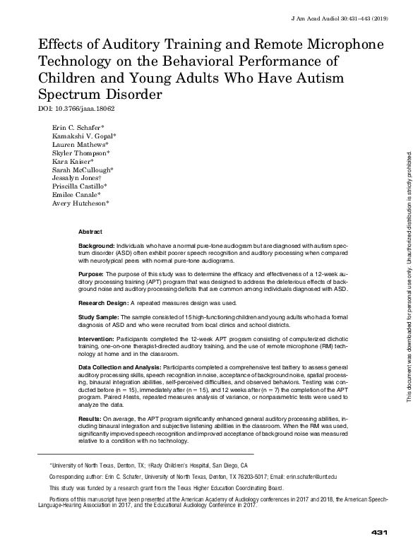 (PDF) Effects of Auditory Training and Remote Microphone Technology on the Behavioral ...