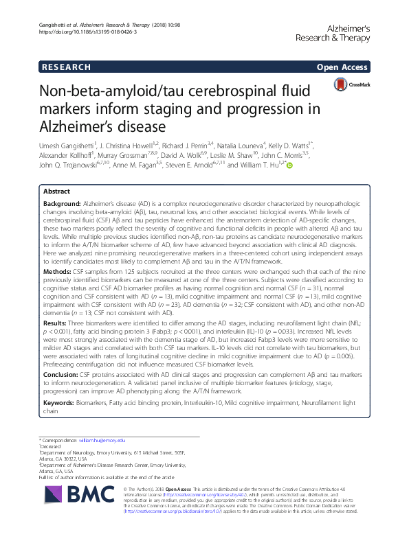 (PDF) Non-beta-amyloid/tau cerebrospinal fluid markers inform staging and progression in ...