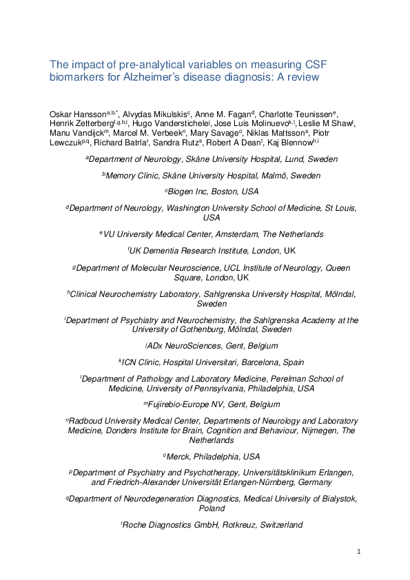 Pdf The Impact Of Preanalytical Variables On Measuring Cerebrospinal Fluid Biomarkers For