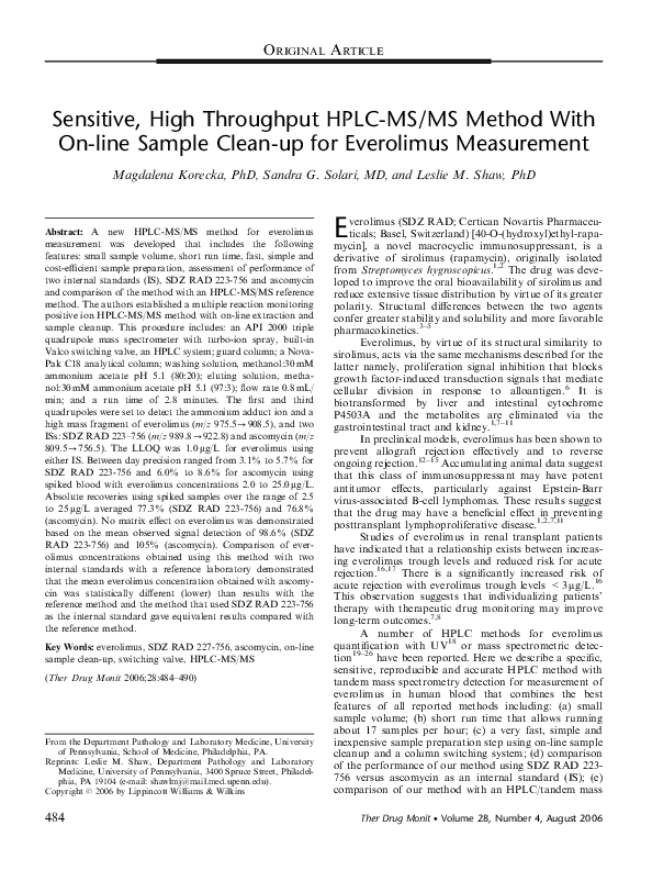 Pdf High Throughput Hplc Ms Ms For Everolimus