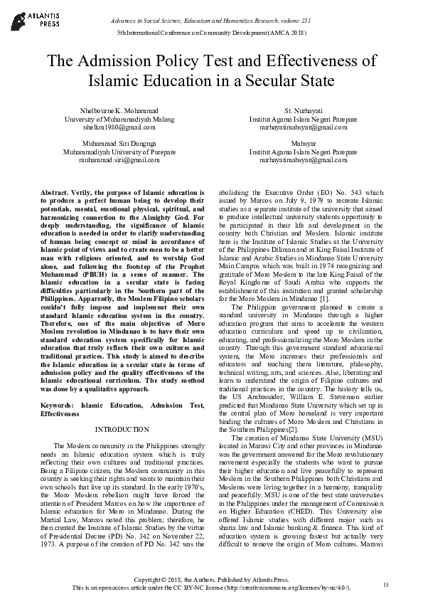 (PDF) The Admission Policy Test and Effectiveness of Islamic Education ...