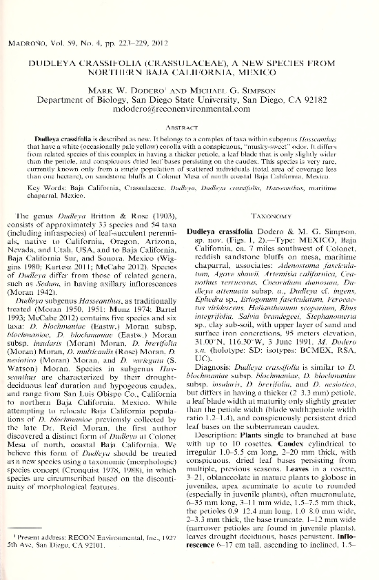 (PDF) Dudleya Crassifolia (Crassulaceae), a New Species from Northern ...
