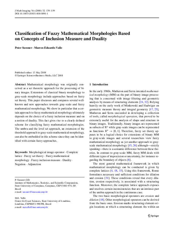 Pdf Classification Of Fuzzy Mathematical Morphologies Based On Concepts Of Inclusion Measure 