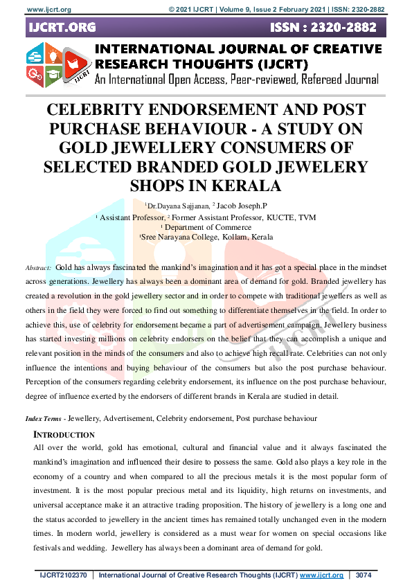 (PDF) Celebrity Endorsement and Post Purchase Behaviour-A Study on Gold ...