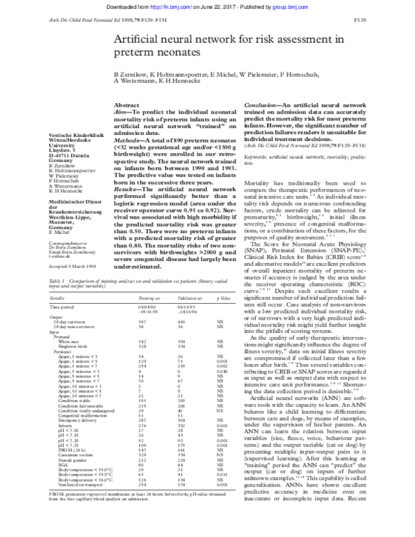 (PDF) Artificial neural network for risk assessment in preterm neonates