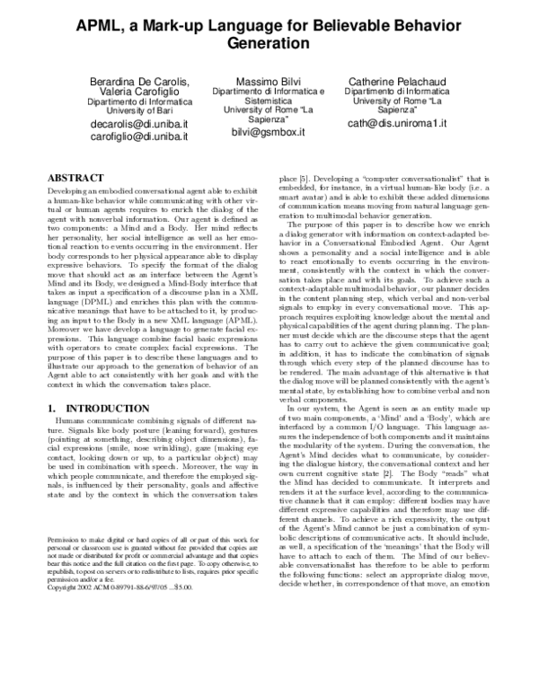 (PDF) APML, a Markup Language for Believable Behavior Generation | Isabella Poggi - Academia.edu