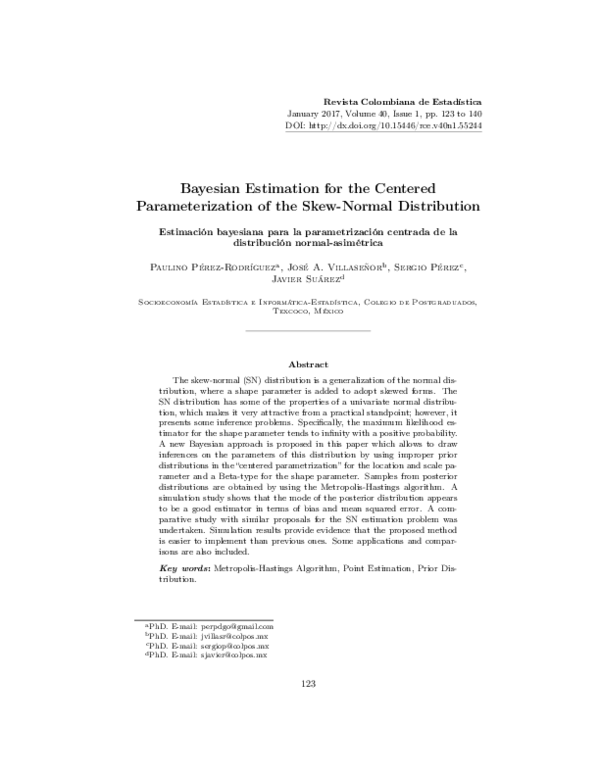 Pdf Bayesian Estimation For The Centered Parameterization Of The Skew