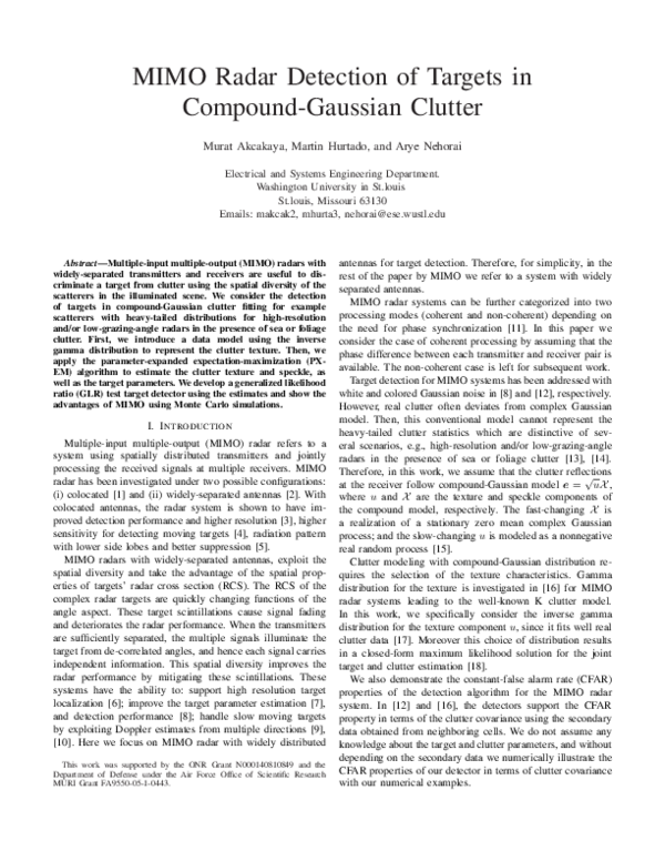 (PDF) MIMO radar detection of targets in compound-gaussian clutter