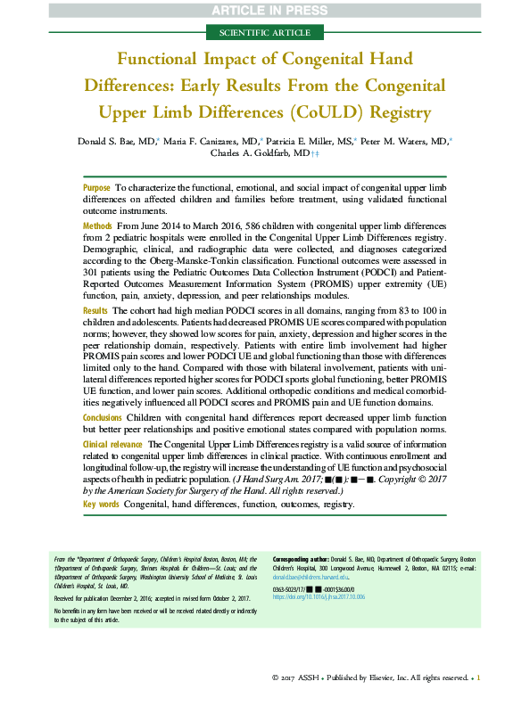 (PDF) Functional Impact of Congenital Hand Differences: Early Results ...