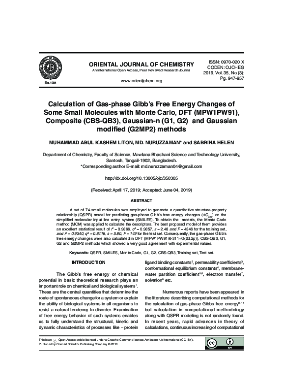 (PDF) Calculation of Gas-Phase Gibb’s free Energy Changes of Some Small Molecules with Monte ...