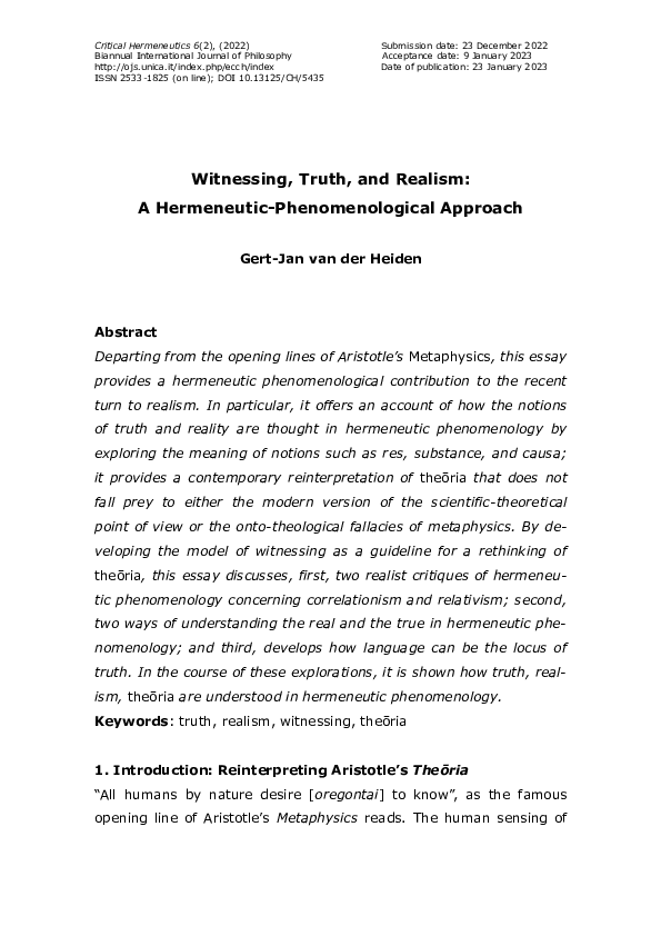 (PDF) Witnessing, Truth, and Realism: A Hermeneutic-Phenomenological ...