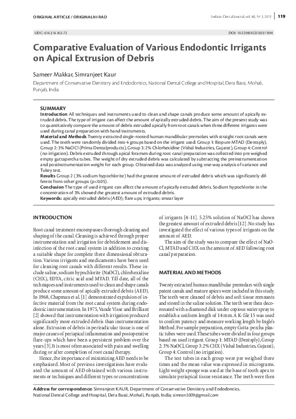 (PDF) Comparative evaluation of various endodontic irrigants on apical extrusion of debris