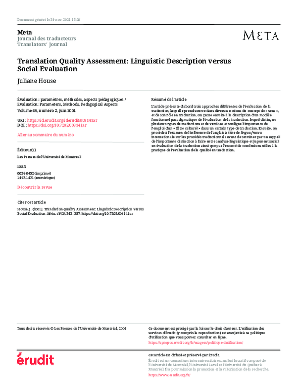 (PDF) Translation Quality Assessment: Linguistic Description versus ...