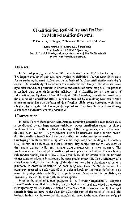 (PDF) Classification reliability and its use in multi-classifier systems | Carlo Sansone ...