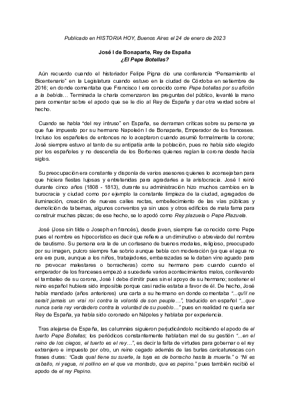(PDF) José I de Bonaparte, Rey de España ¿El Pepe Botellas?