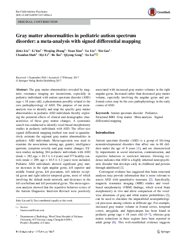 (PDF) Gray matter abnormalities in pediatric autism spectrum disorder: a meta-analysis with ...