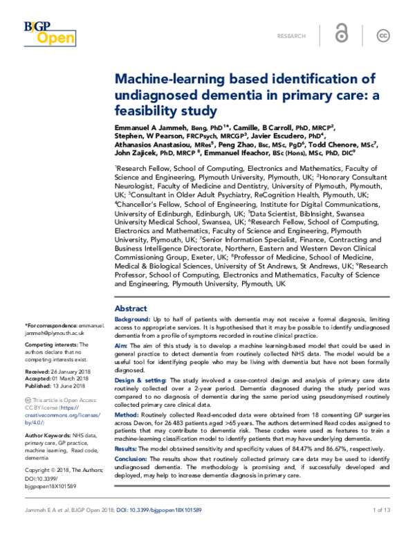 (PDF) Machine-learning based identification of undiagnosed dementia in primary care: a ...