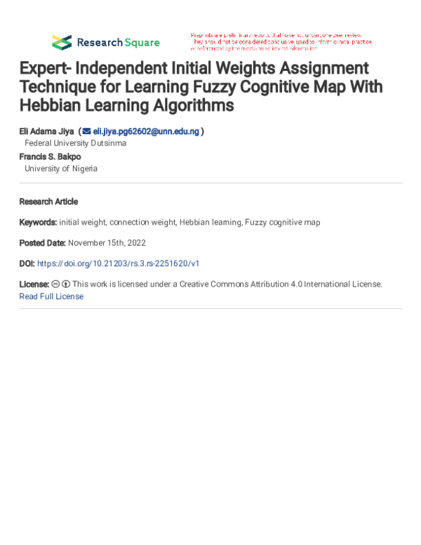 Pdf Expert Independent Initial Weights Assignment Technique For Learning Fuzzy Cognitive Map 2413