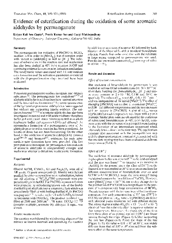 (PDF) Evidence of esterification during the oxidation of some aromatic aldehydes by permanganate