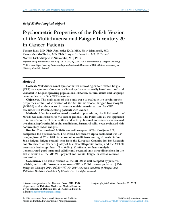 (PDF) Psychometric Properties of the Polish Version of MFI-20 in Cancer ...
