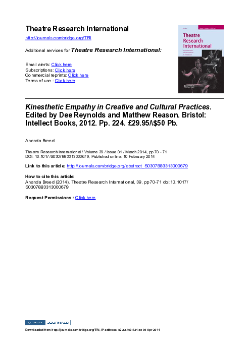 (PDF) Kinesthetic Empathy in Creative and Cultural Practices (review)