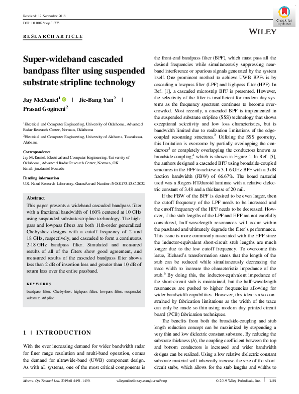 (PDF) Super‐wideband cascaded bandpass filter using suspended substrate ...