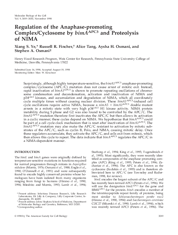 (PDF) Regulation of the Anaphase-promoting Complex/Cyclosome ...