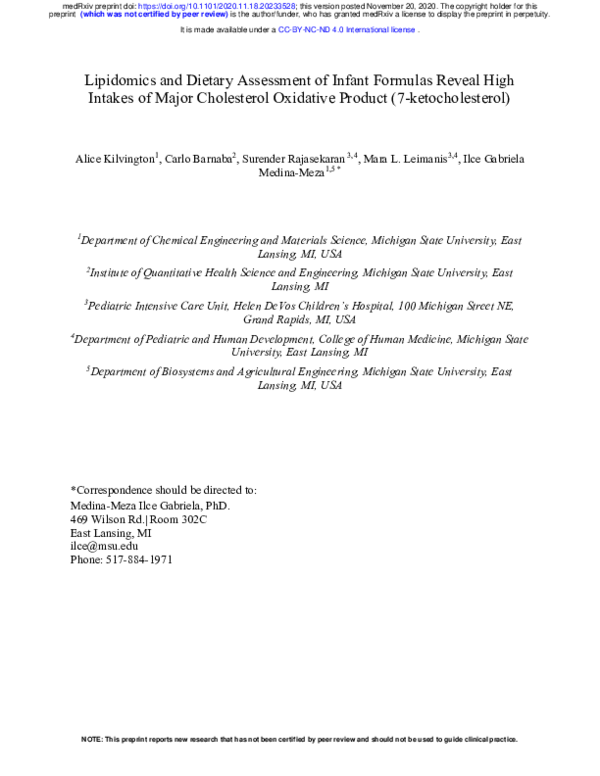 (PDF) Lipidomics and Dietary Assessment of Infant Formulas Reveal High ...