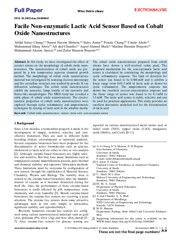 (PDF) Facile Non‐enzymatic Lactic Acid Sensor Based on Cobalt Oxide Nanostructures