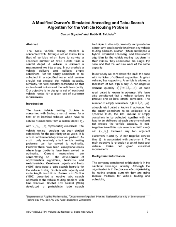 Pdf A Modified Osman S Simulated Annealing And Tabu Search Algorithm For The Vehicle Routing