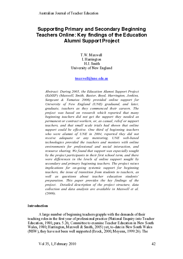 (PDF) Supporting Primary and Secondary Beginning Teachers Online: Key ...