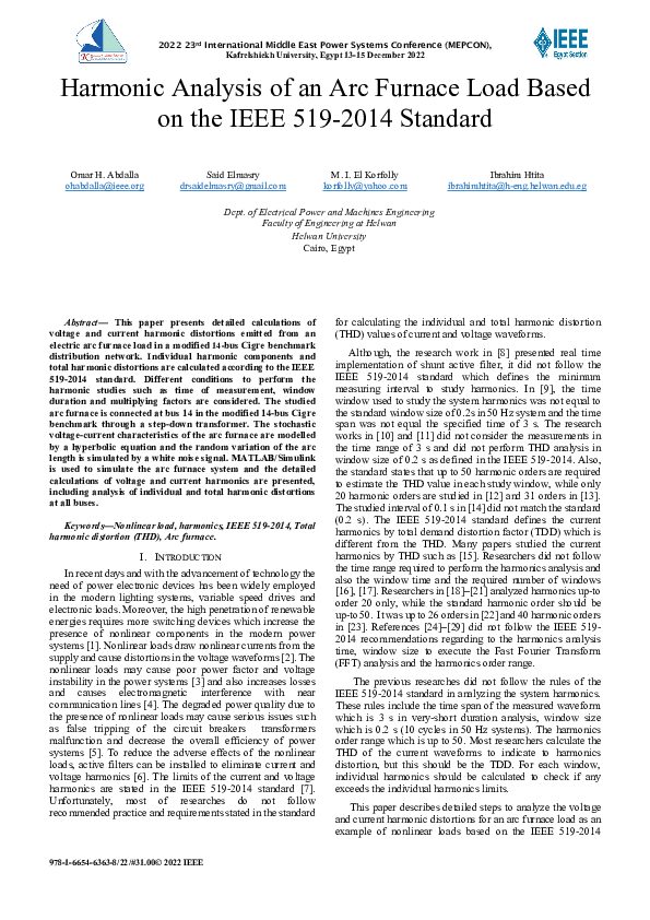 (PDF) Harmonic Analysis of an Arc Furnace Load Based on the IEEE 519-2014 Standard