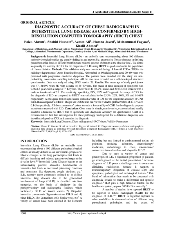 (PDF) Diagnostic Accuracy of Chest Radiograph in Interstitial Lung Disease as Confirmed by High ...