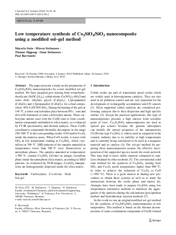 (PDF) Low temperature synthesis of Co2SiO4/SiO2 nanocomposite using a modified sol–gel method