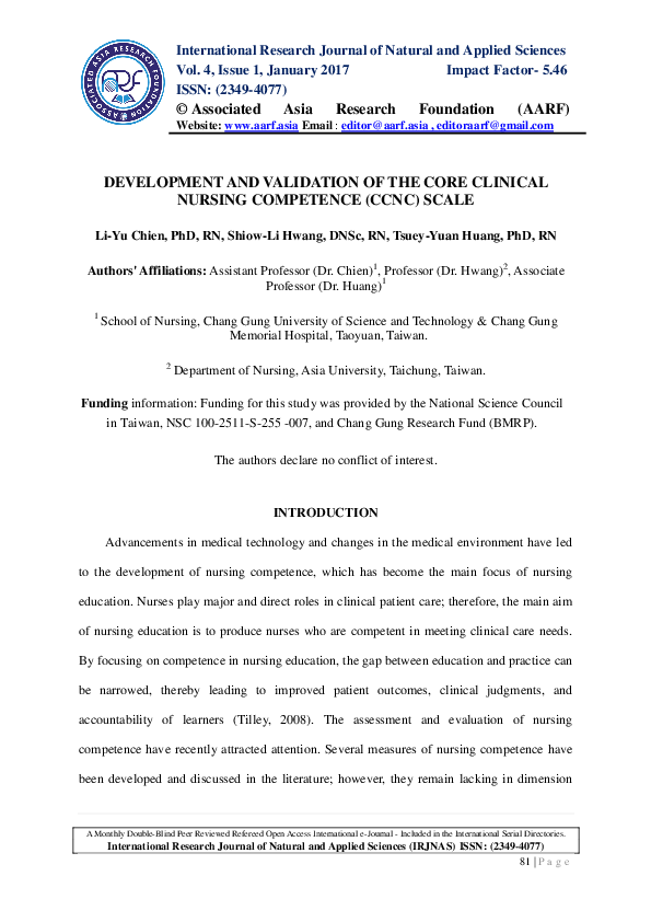 (PDF) Development and Validation of the Core Clinical Nursing Competence (CCNC) Scale